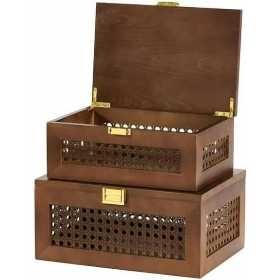 2PCS Decorative Rattan Storage Boxes Solid Wood Baskets Bins with Lid ...