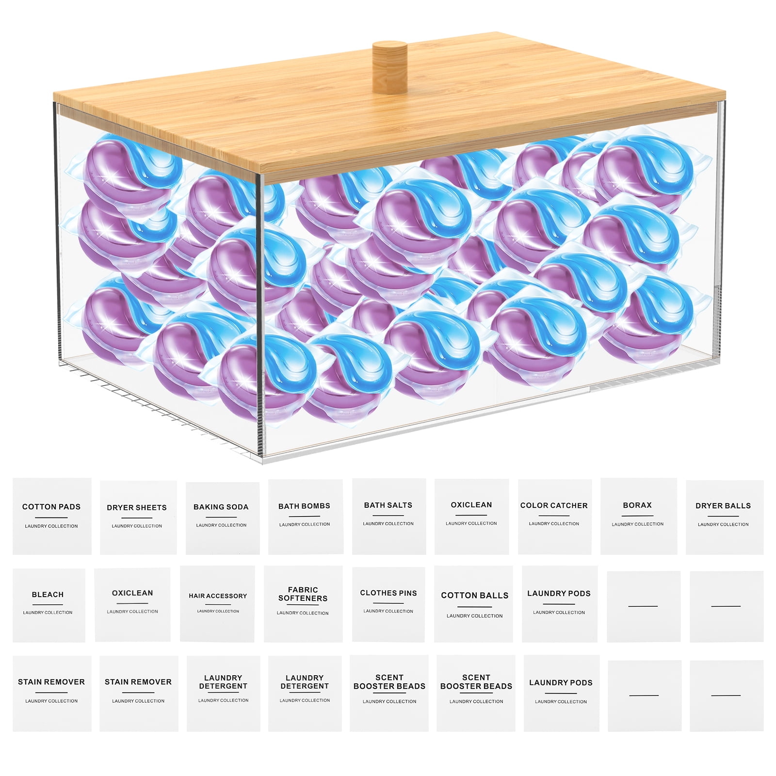 2PCS Dryer Sheet Holder with Bamboo Lid and 27 Labels Acrylic Laundry ...