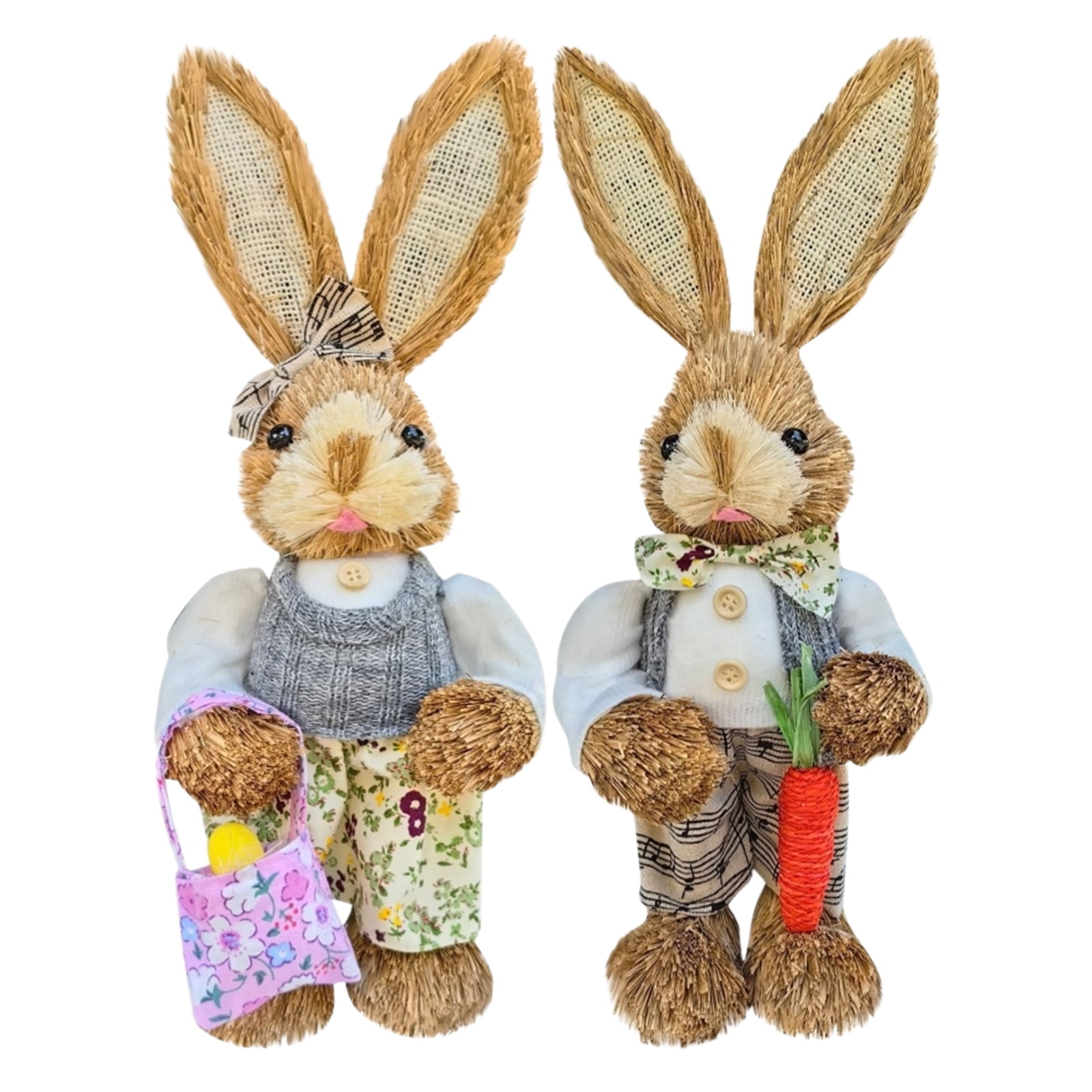 2PCS Easter Bunny Figurines with Eggs 13.7" Straw Rabbit Statue for ...