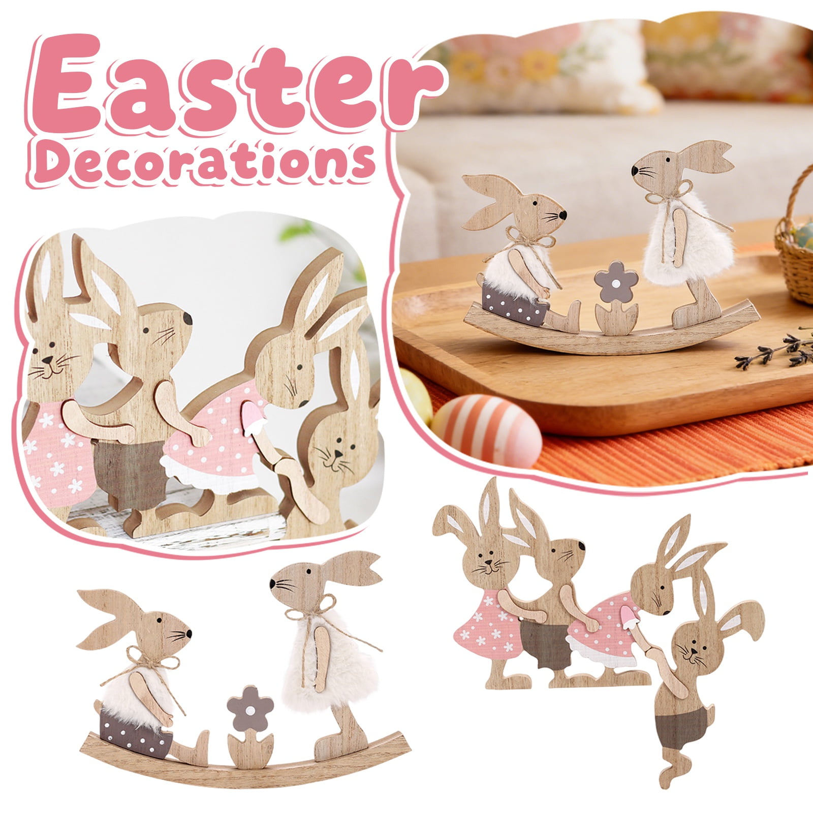 2PCS Easter Painted Wooden Bunny Decor Set for Tabletop Shelf Display ...