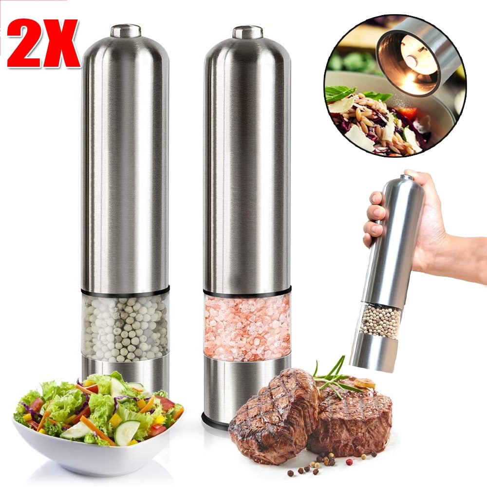 2PCS Electric Pepper Grinder Mill Salt Stainless Steel Operated LED ...