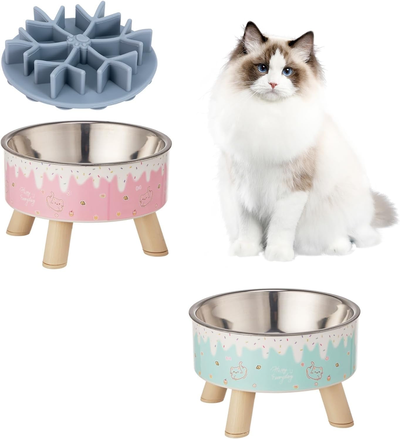 2PCS Elevated Cat Bowls with Slow Feeder, Wide Raised Stainless Steel ...