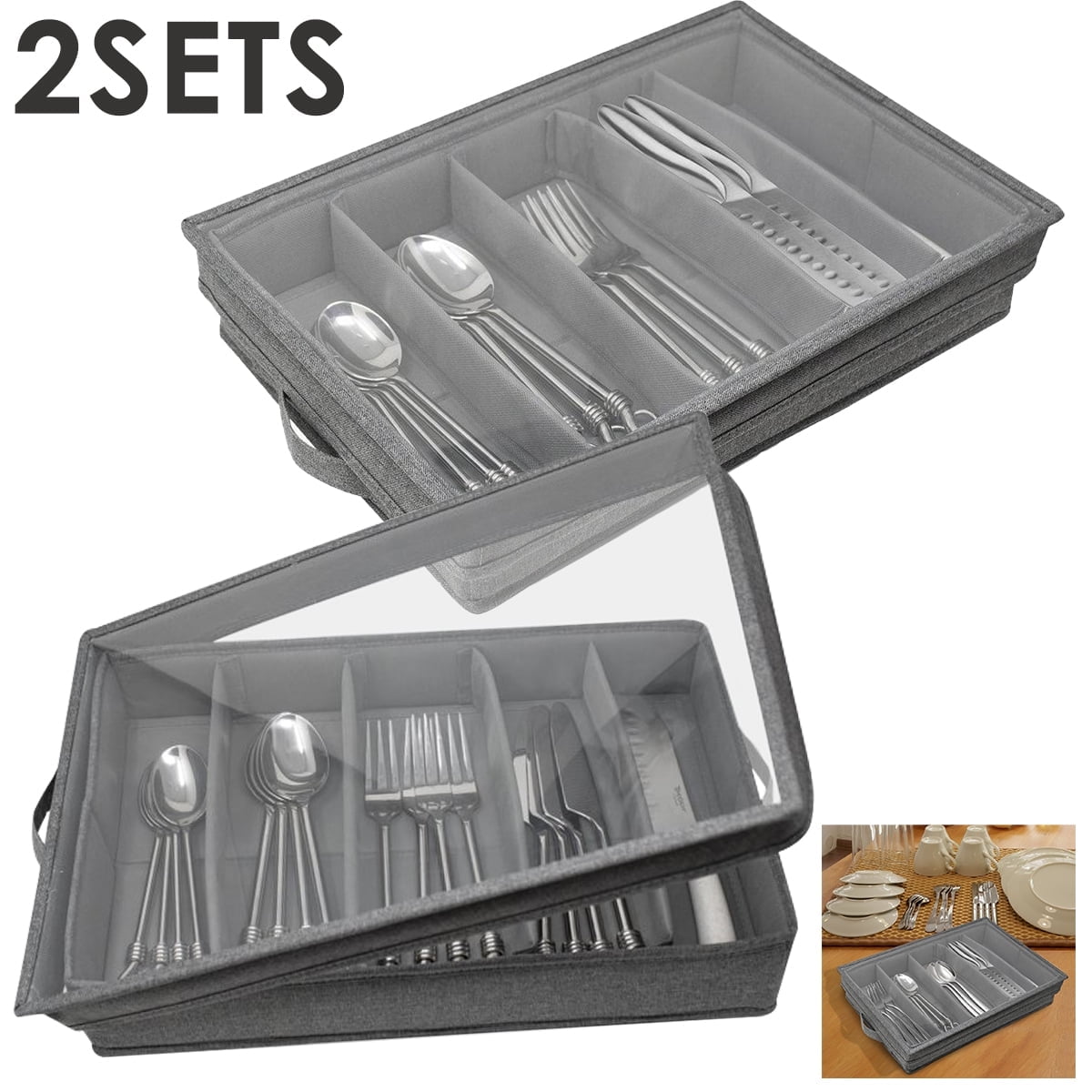 2PCS Flatware Storage Case with PVC Lid 5 Compartment Foldable Utensil ...