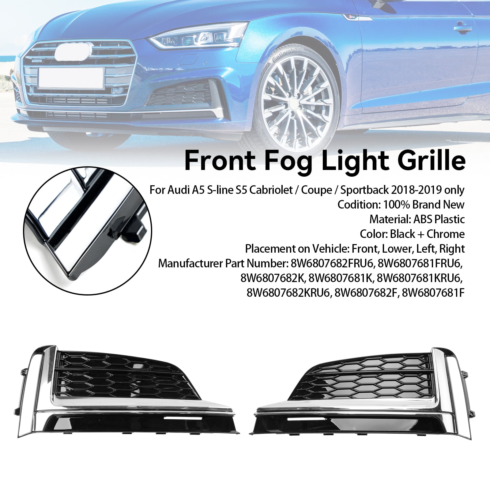 2PCS Front Bumper Fog Light Grille Cover Trim Fit Audi S5 A5 S-Line ...