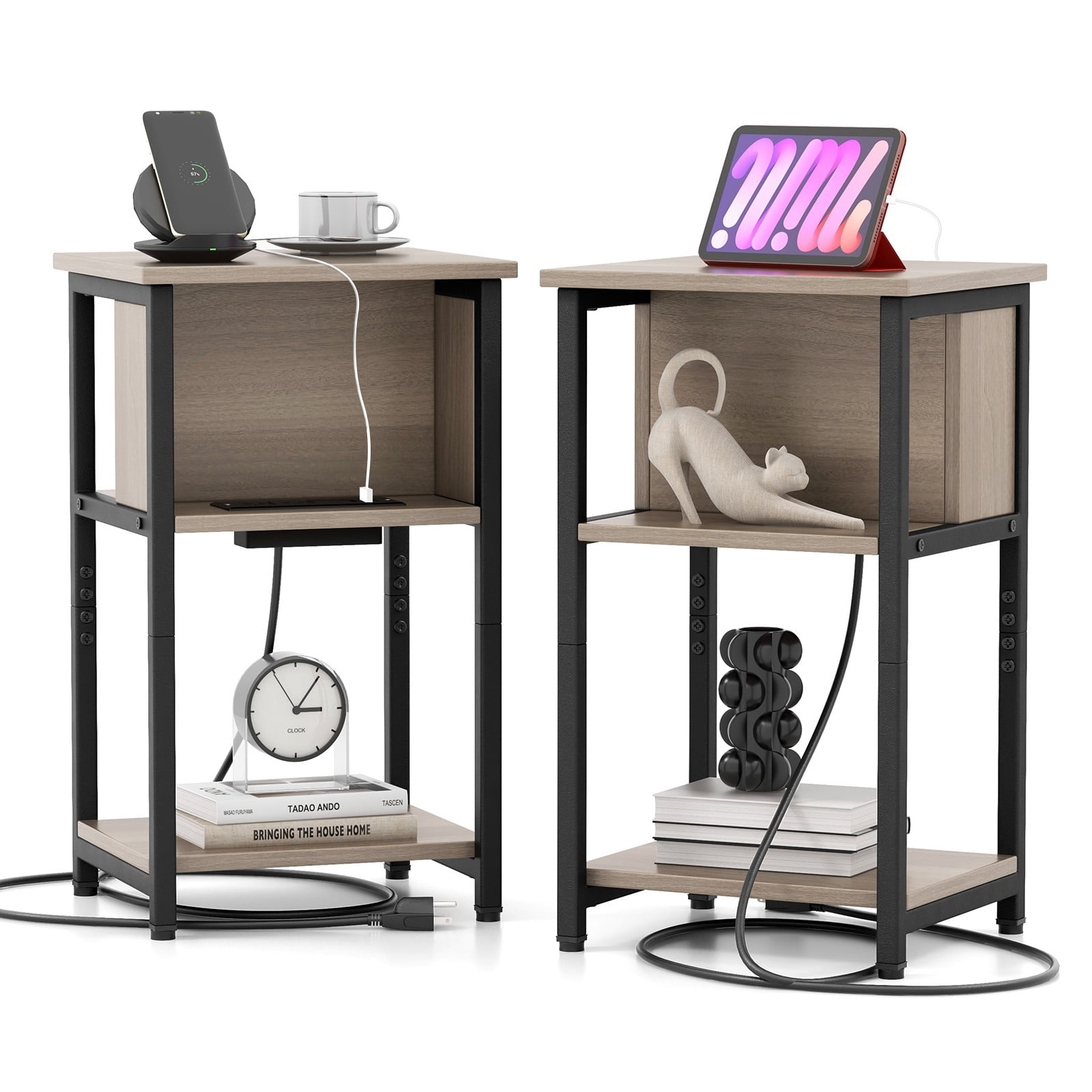 2PCS Functional Nightstand 3-Tier End Table with Charging Station USB ...