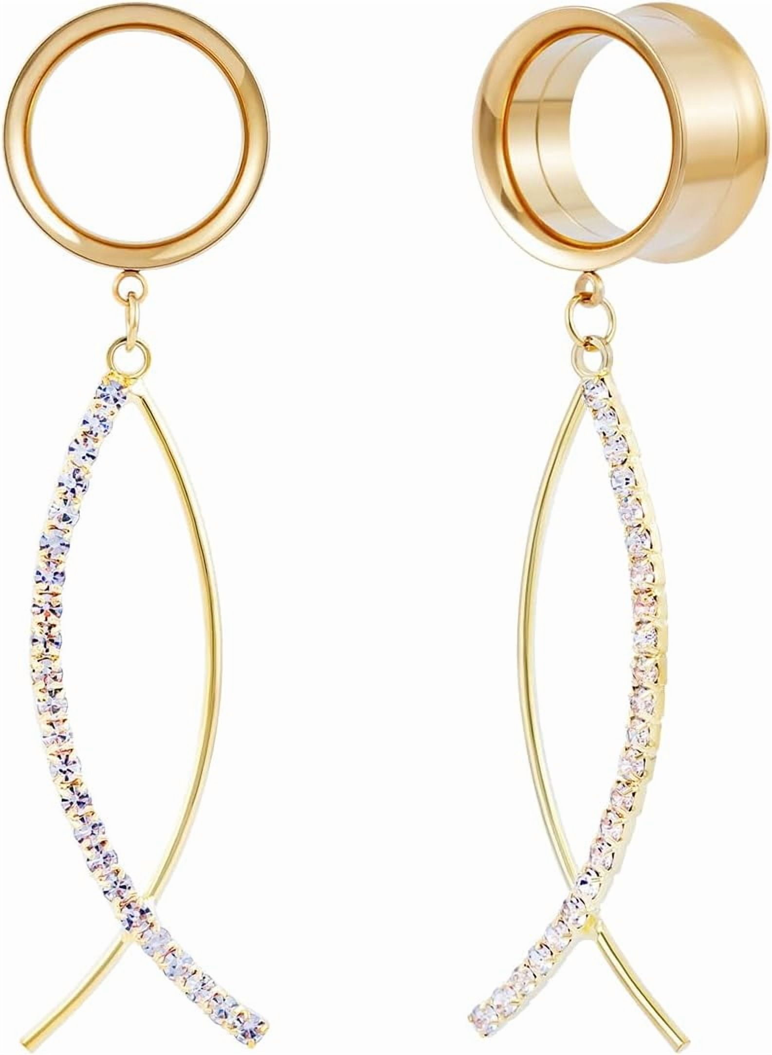 2PCS Geometric Zircon Cross Fish Shaped Ear Dangle Gauges Earrings ...