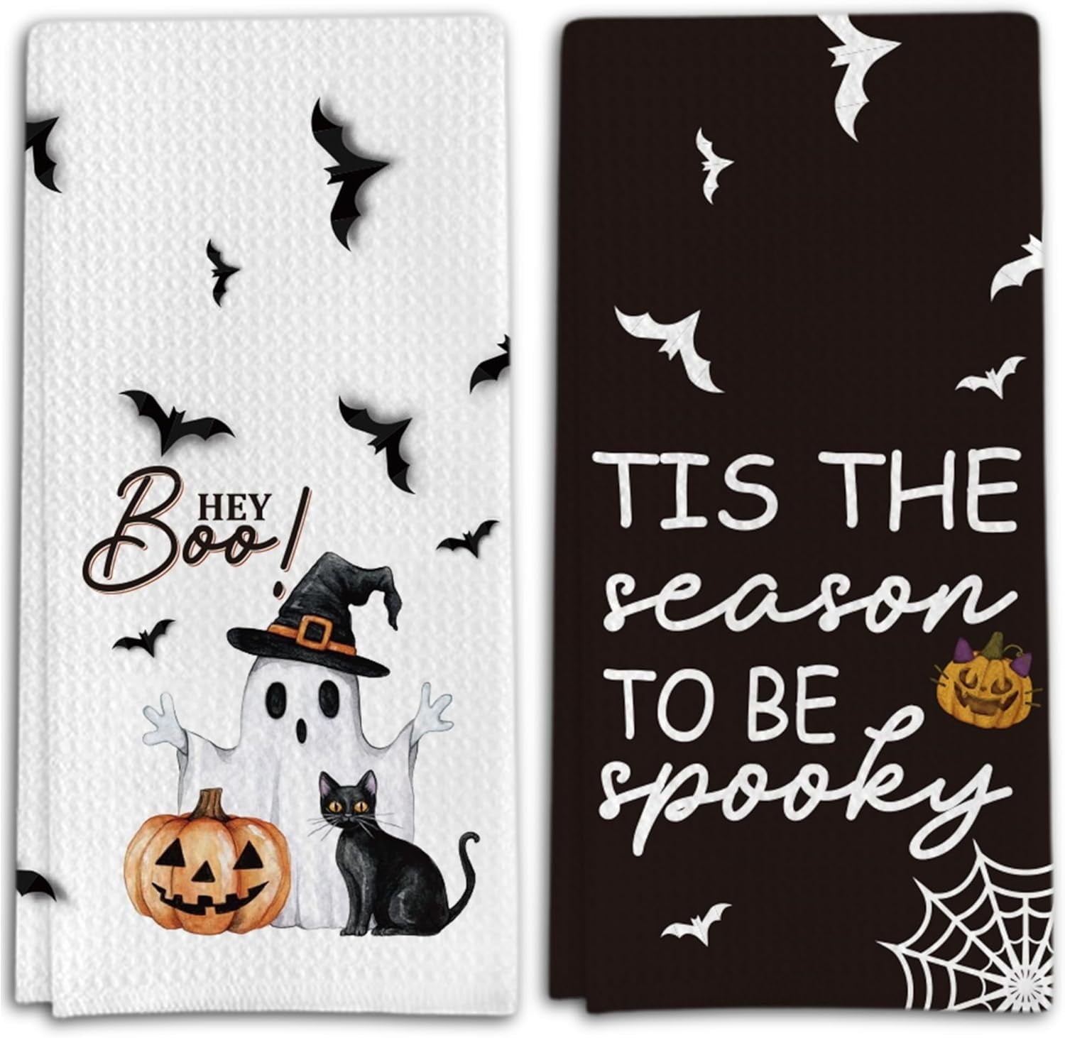 2PCS Ghost Pumpkins Bats Cat Hey Boo Halloween Kitchen Towels for ...