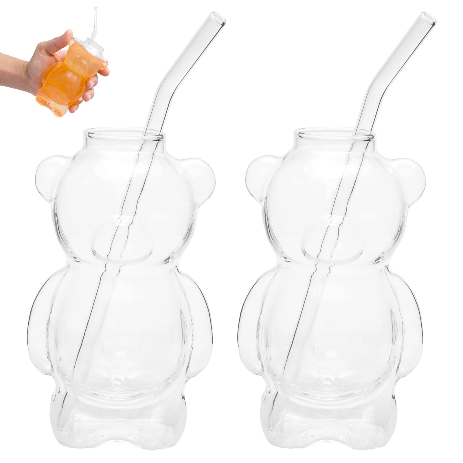 2PCS Glass Bear Cup, Bear Straw Cup, 10.82 oz Glass Cups with Lids and ...
