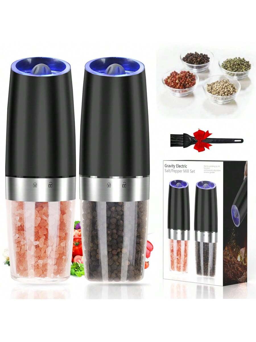 2PCS Gravity Electric Salt & Pepper Grinders - LED One-Hand Adjustable ...