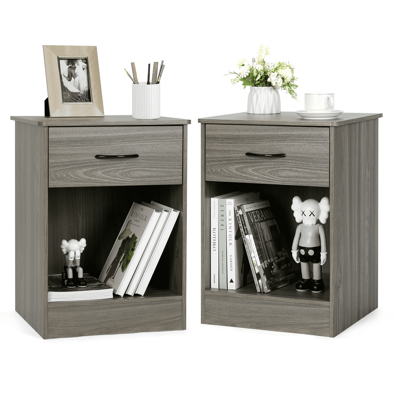 2PCS Gray Nightstand with Drawer, Bedside Table End Tables Living Room ...