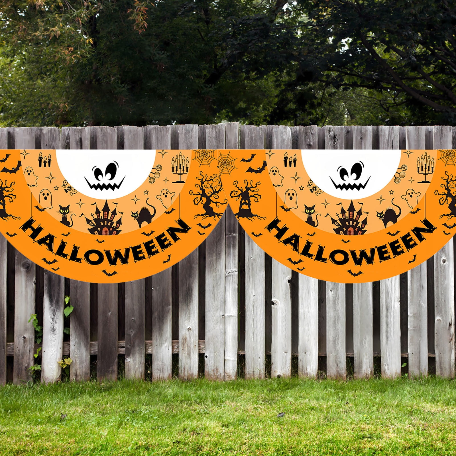 2PCS Halloween Bunting Flag Happy Halloween Fan Pumpkin Ghost Yard ...