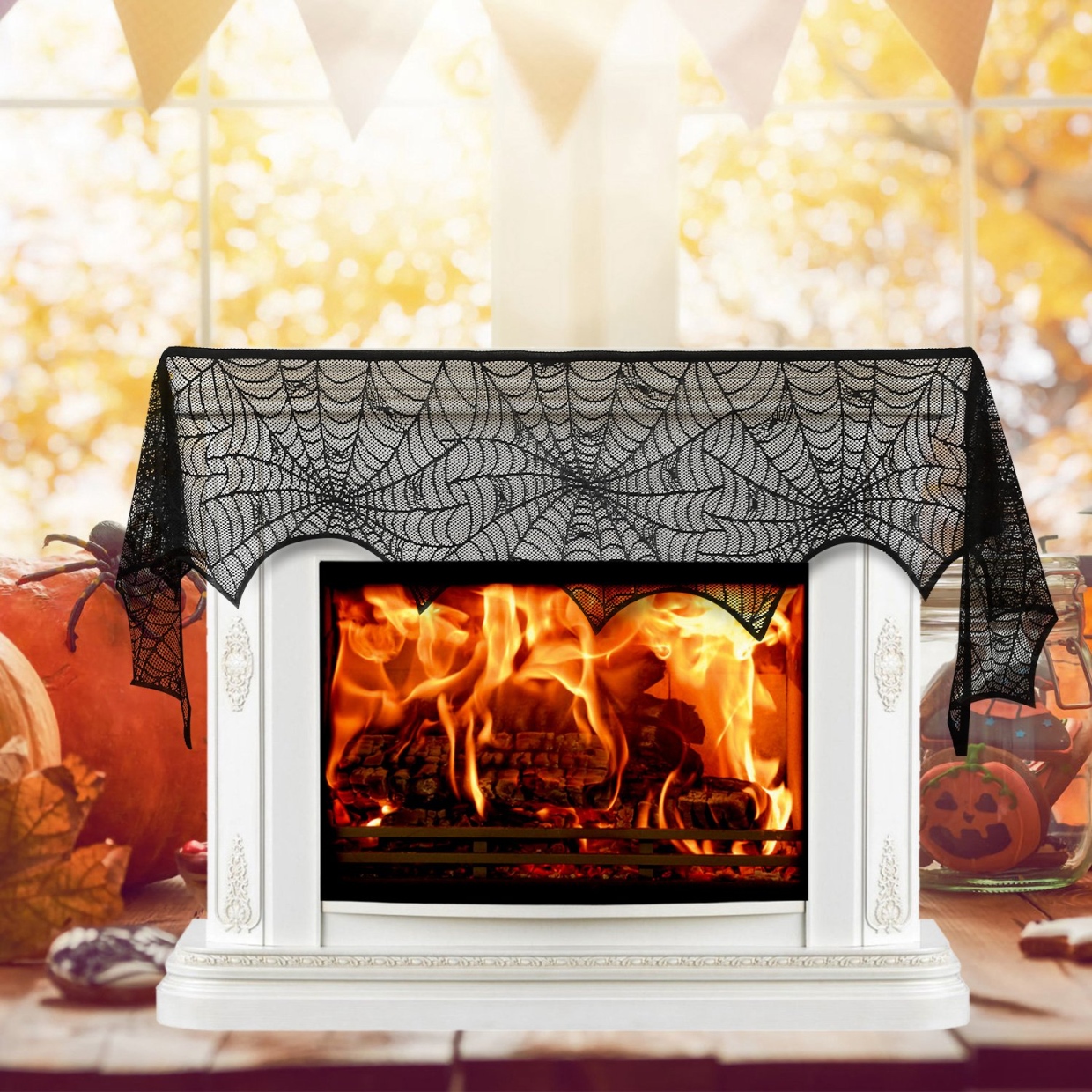2PCS Halloween Mantle Scarf, 96"x18" Black Lace with Spider Web Design ...