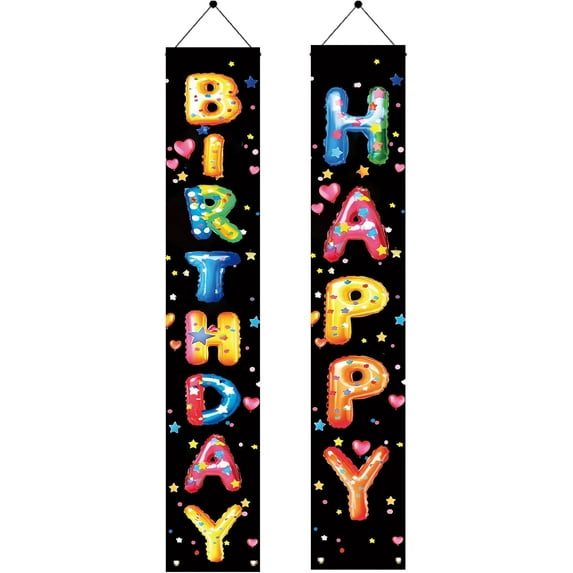 2PCS Happy Birthday Porch Hanging Banner Porch Sign Colorful Balloon ...