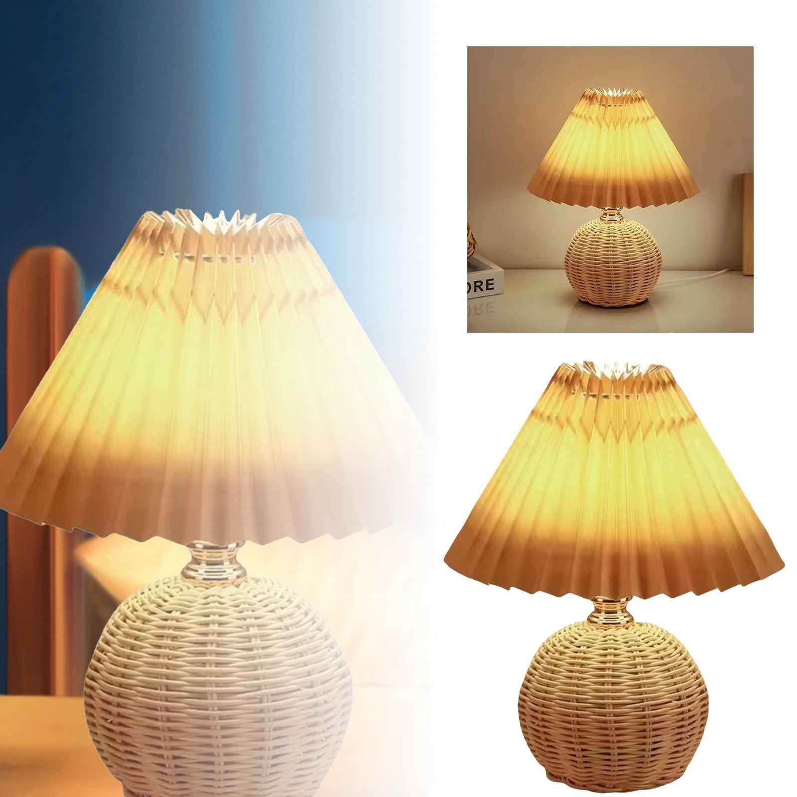 2PCS Home Decor Small Wicker Lamp Wicker Table Lamp Pleated Lampshade ...