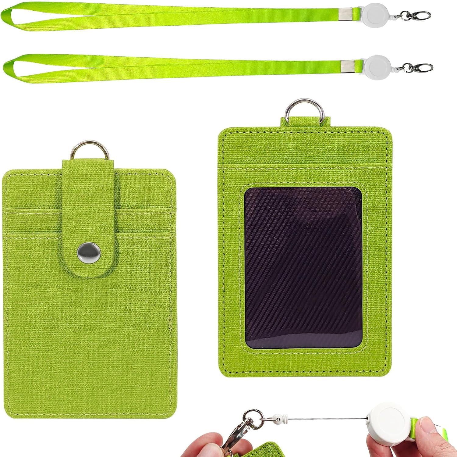 2PCS ID Badge Holder with Retractable Lanyard, 3 Slots Leather Vertical ...