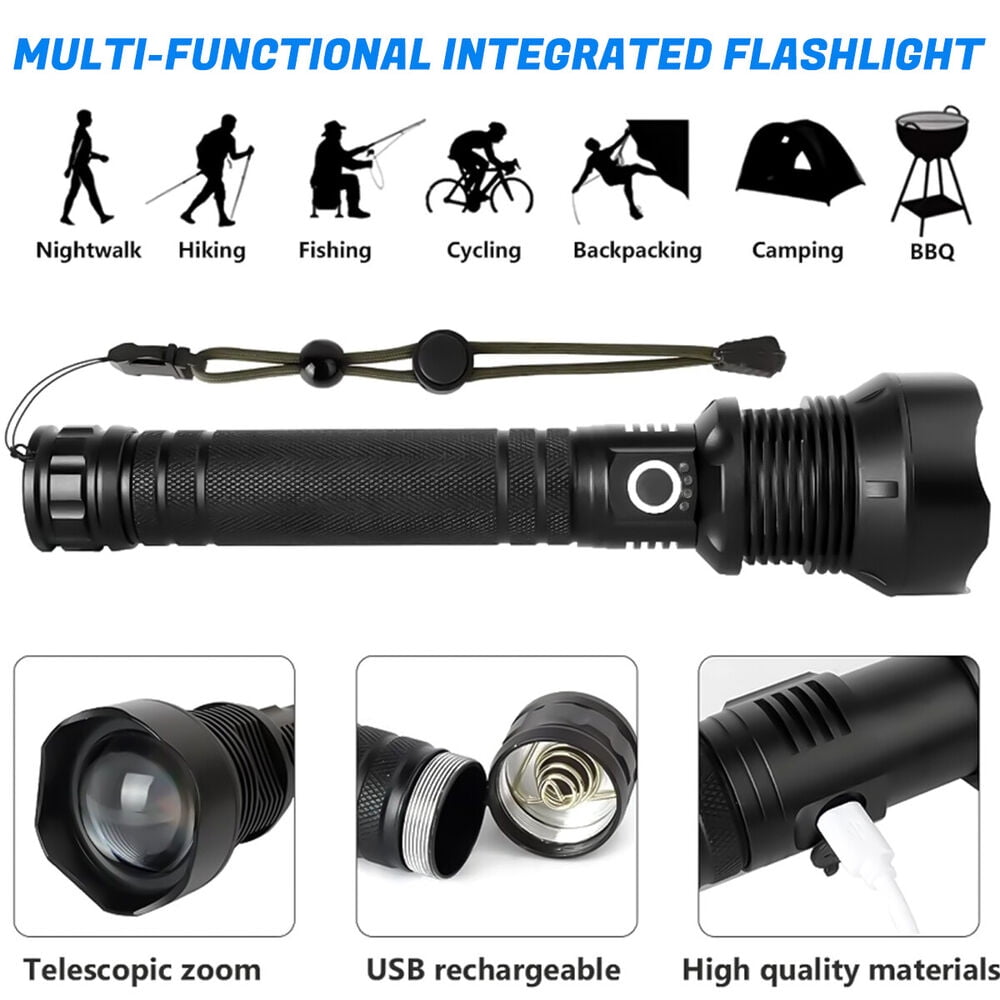 2PCS LED Flashlight Super Bright Tactical Police Torch USB Rechargeable ...
