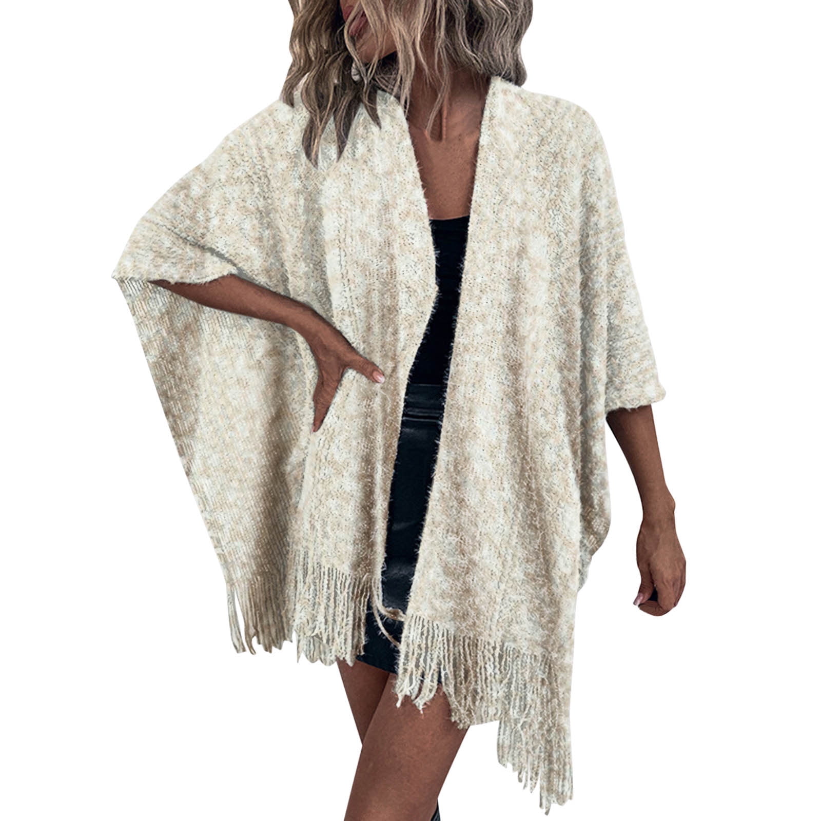 2PCS Ladies Crochet Open Knit Fringe Cape Shawl Sweater Cardigan ...