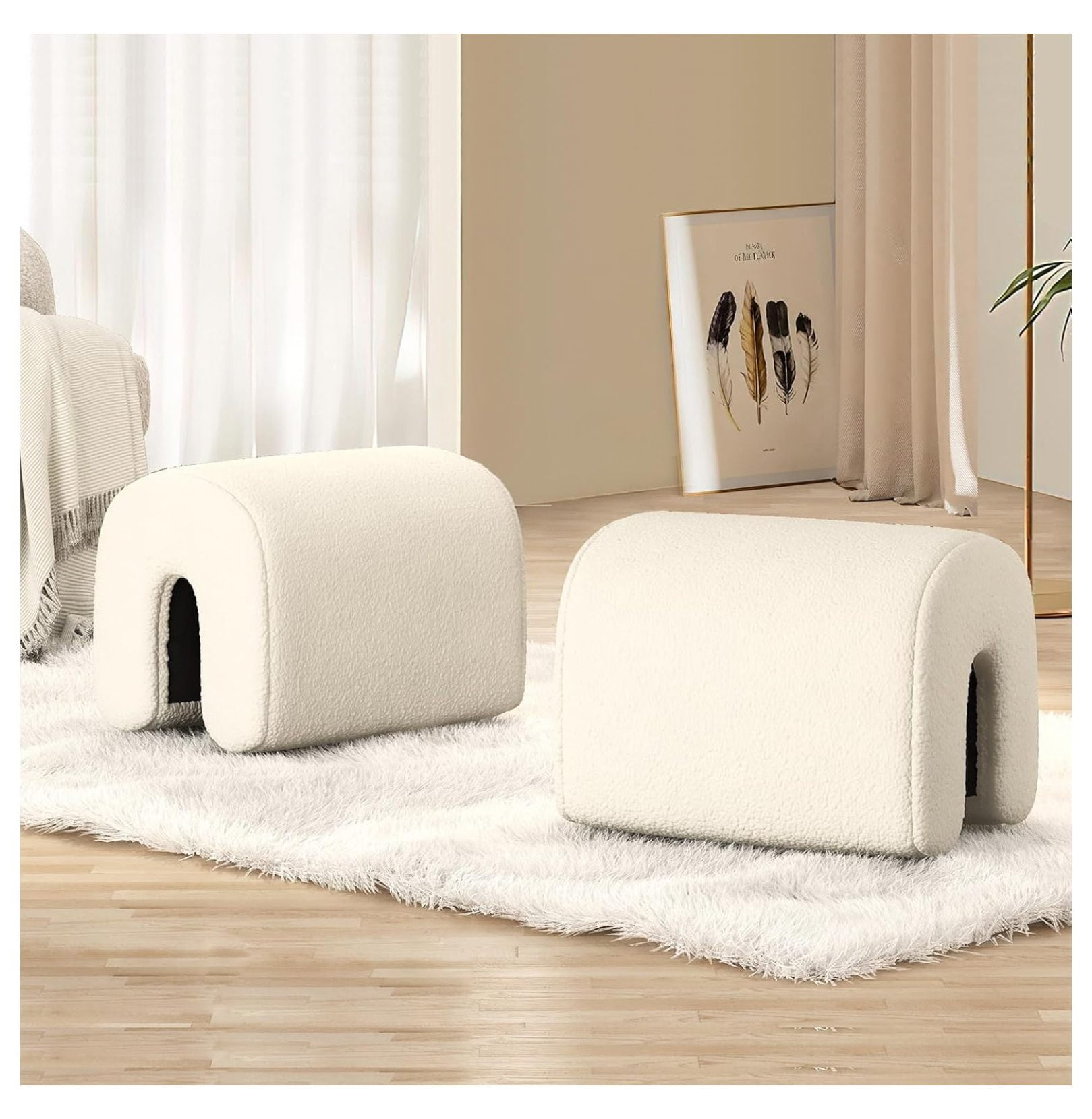 2PCS Lamb Wool Ottoman, Small U-Shaped Foot Stools, Beige Single Sofa ...