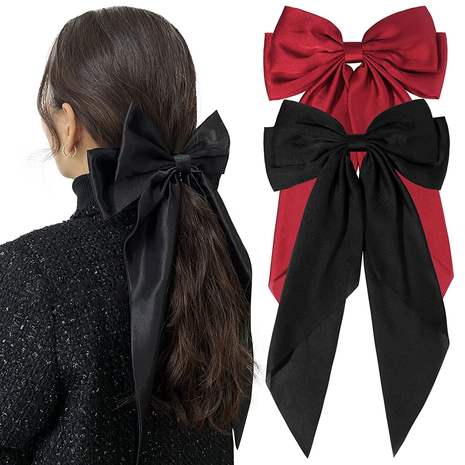 2PCS Large Hair Bows for Women Red Black Hair Bows Ribbon Silky Satin ...