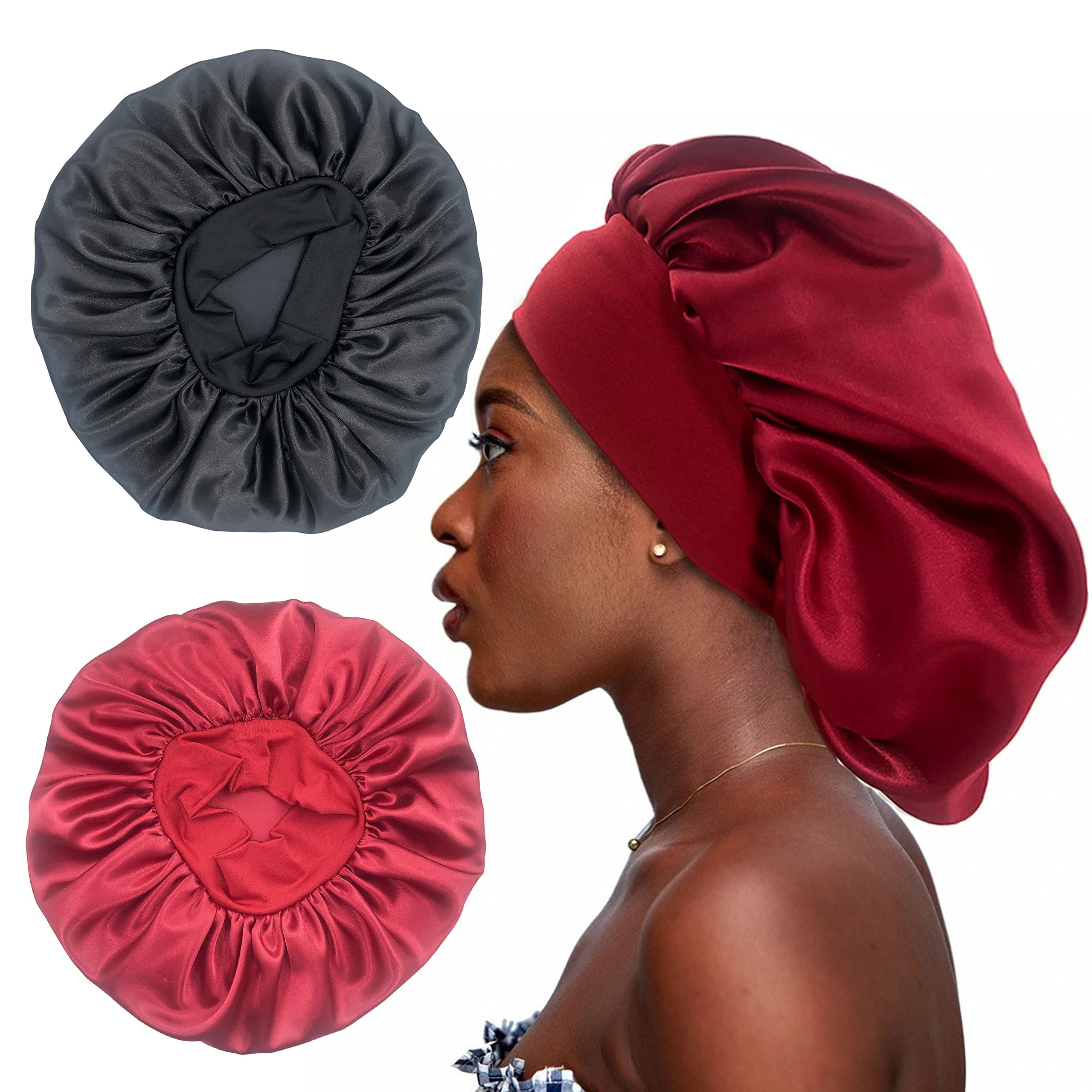 2PCS Large Satin Bonnet,Silk Bonnet With Elastic Soft Band, Big Bonnet ...