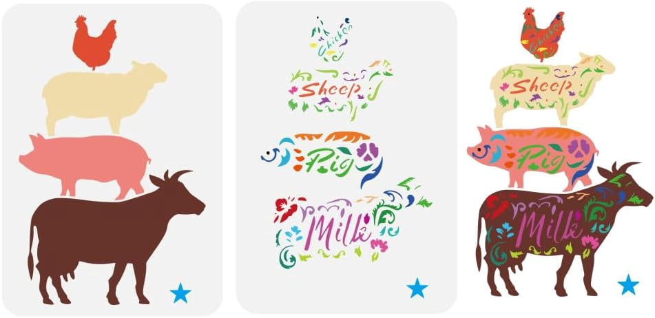 2PCS Layered Farm Animals Painting Stencils 8.3x11.7inch Hollowed Cow ...