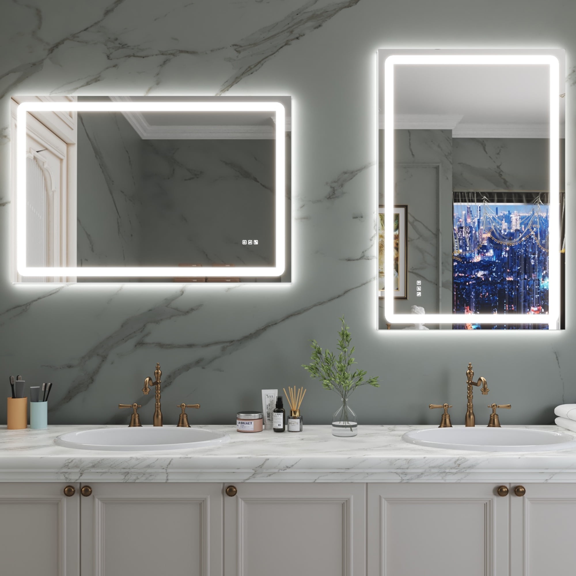 2PCS Led Bathroom Wall Mirrors Set of 2 Anti Fog Wall Mounted Lighted ...