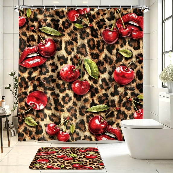 2PCS Leopard Print Cherry Shower Curtain Set Non-Slip Rugs Cheetah Lips ...