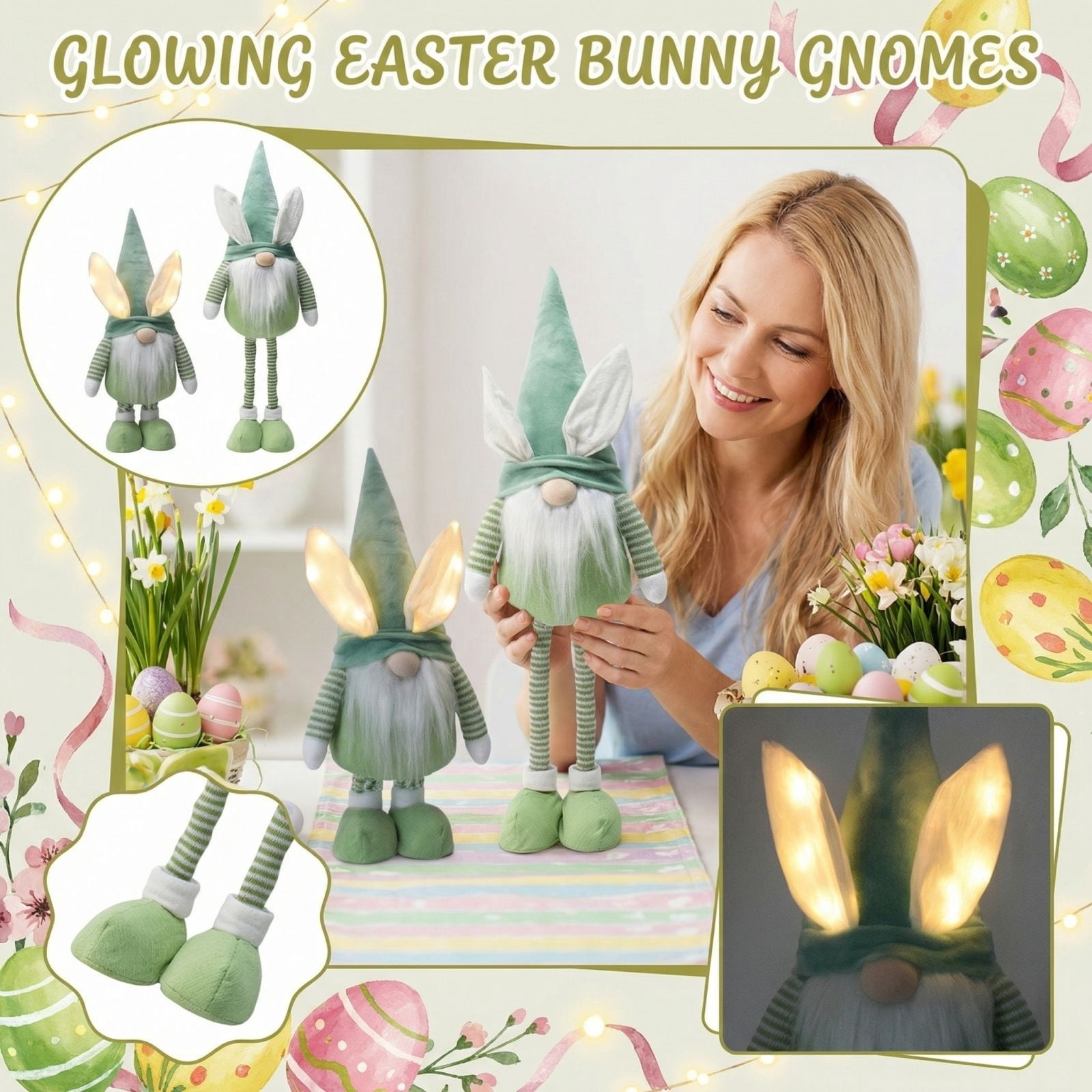 2PCS Light Up Easter Bunny Gnome Plush, Green Spring Swedish Tomte ...
