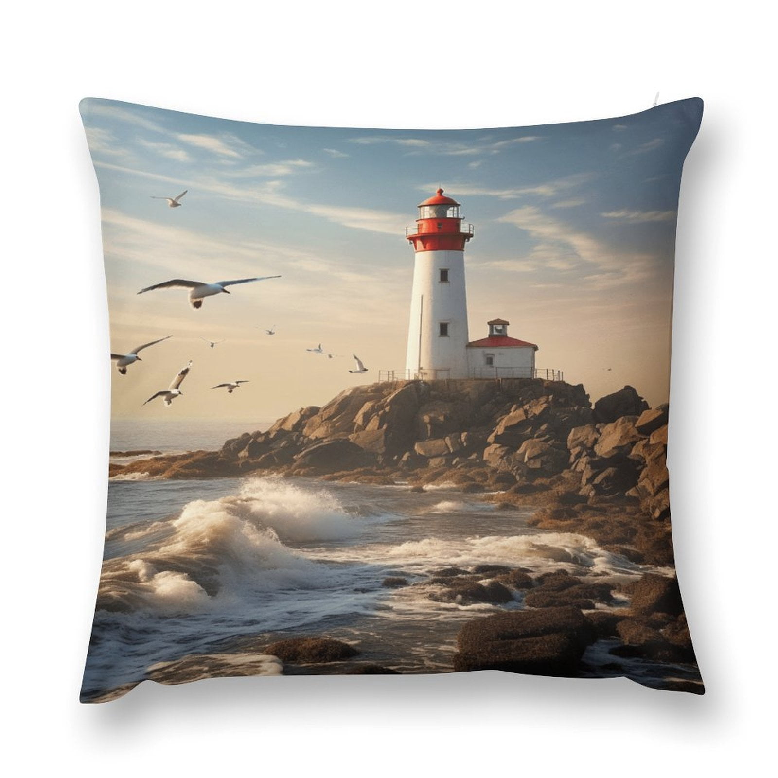 2PCS Lighthouse Sunrise Coast Scenery Pale Blue Tan Throw Pillow Cover ...