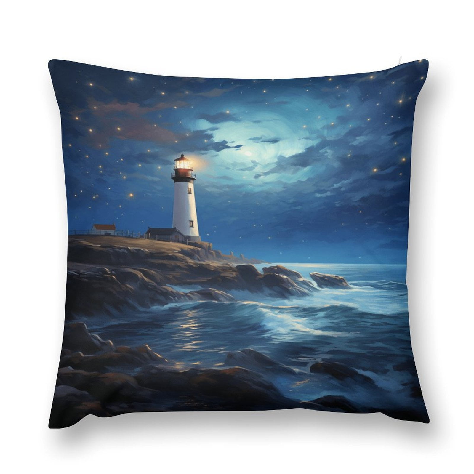 2PCS Lighthouse Sunrise Coast Scenery Pale Blue Tan Throw Pillow Covers ...