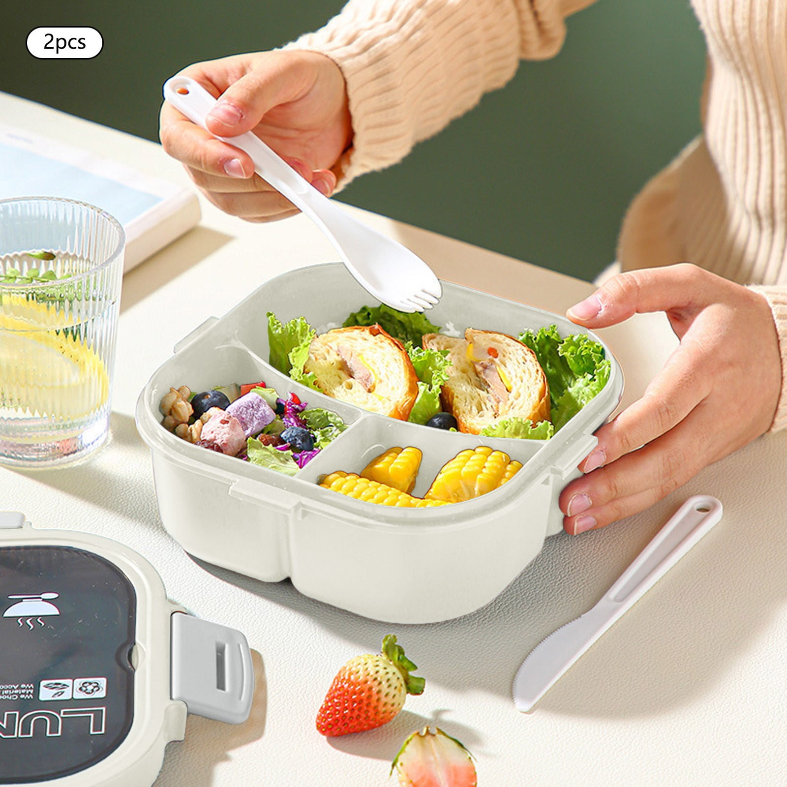 2PCS Lunch Box Bento Box Lunch Box With Cutlery Partition Students ...