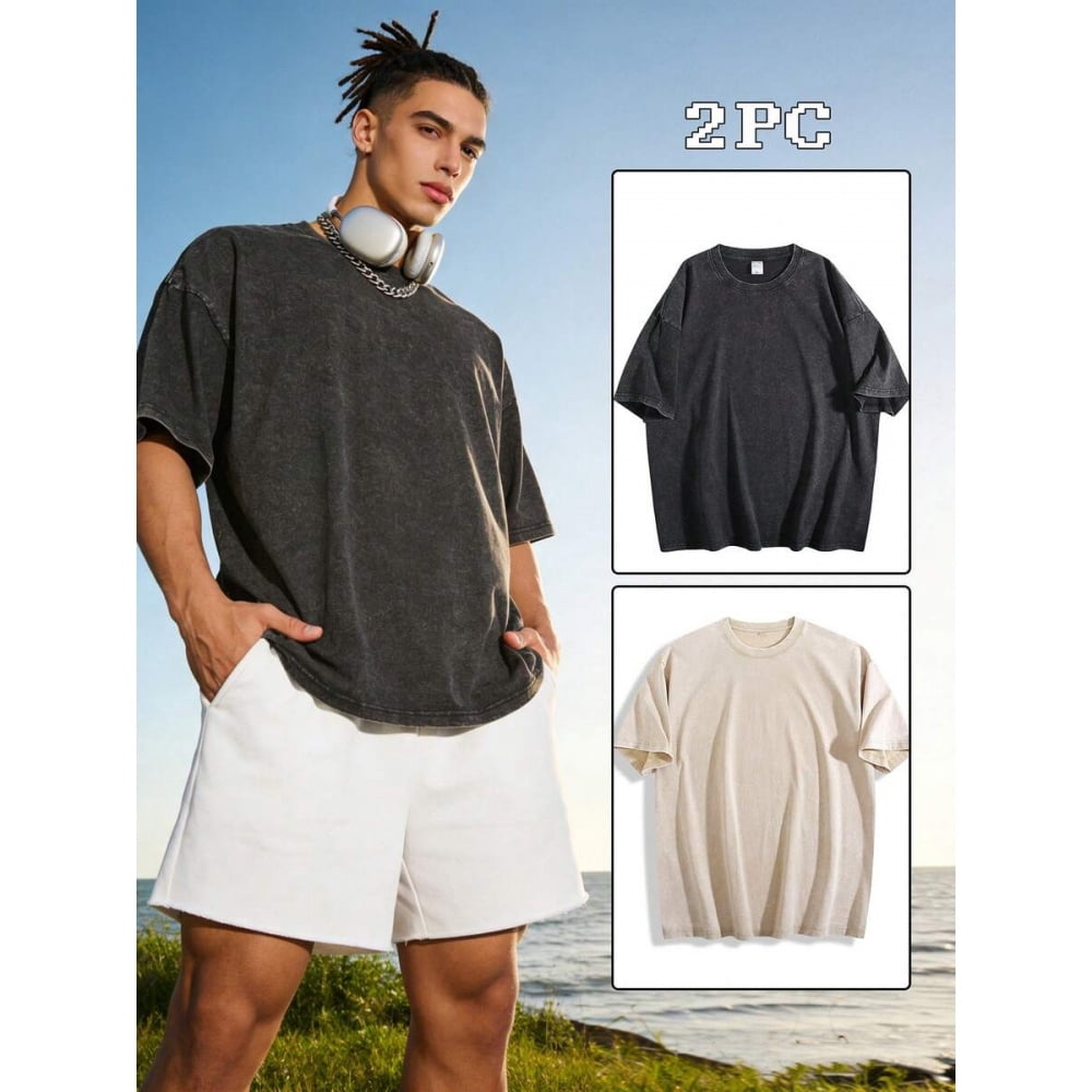 2PCS Men Black + Apricot Vintage Washed Crew Neck T-Shirts | Oversized ...