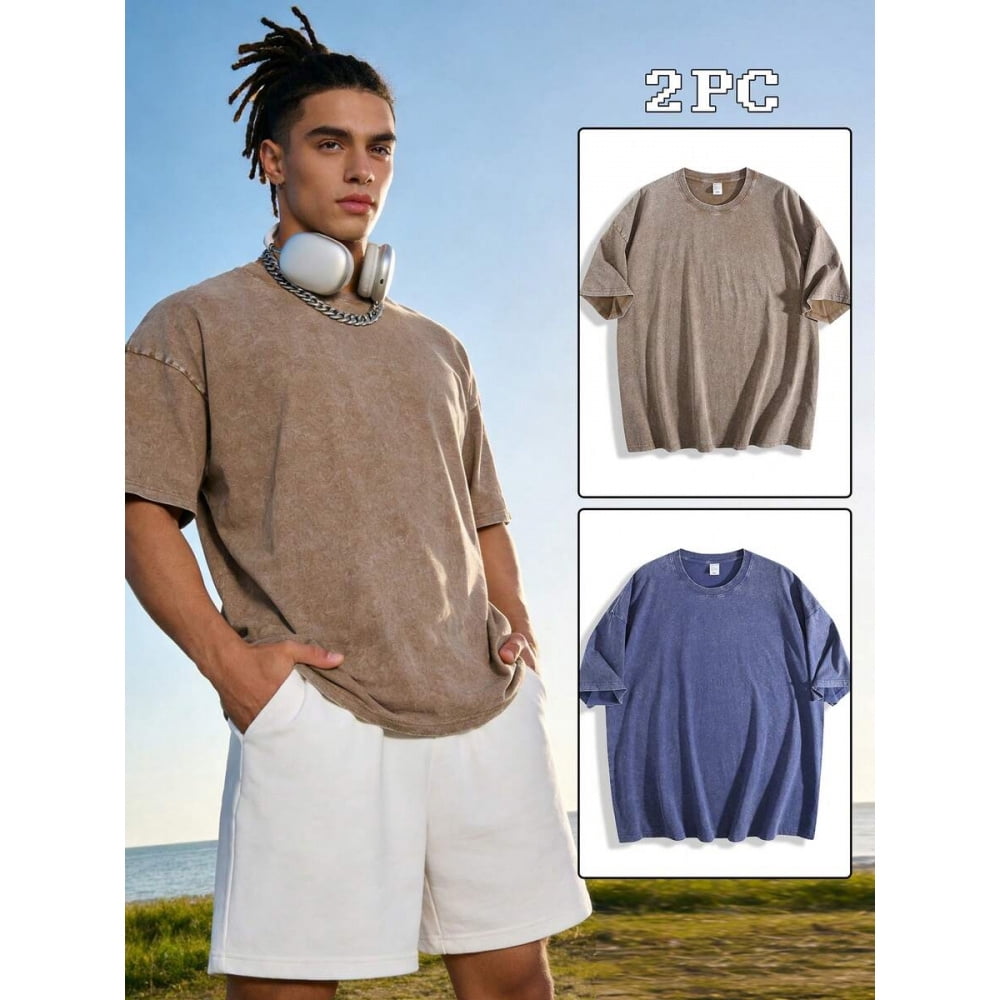 2PCS Men Coffee Brown + Blue Solid T-Shirts | Vintage Washed Crew Neck ...