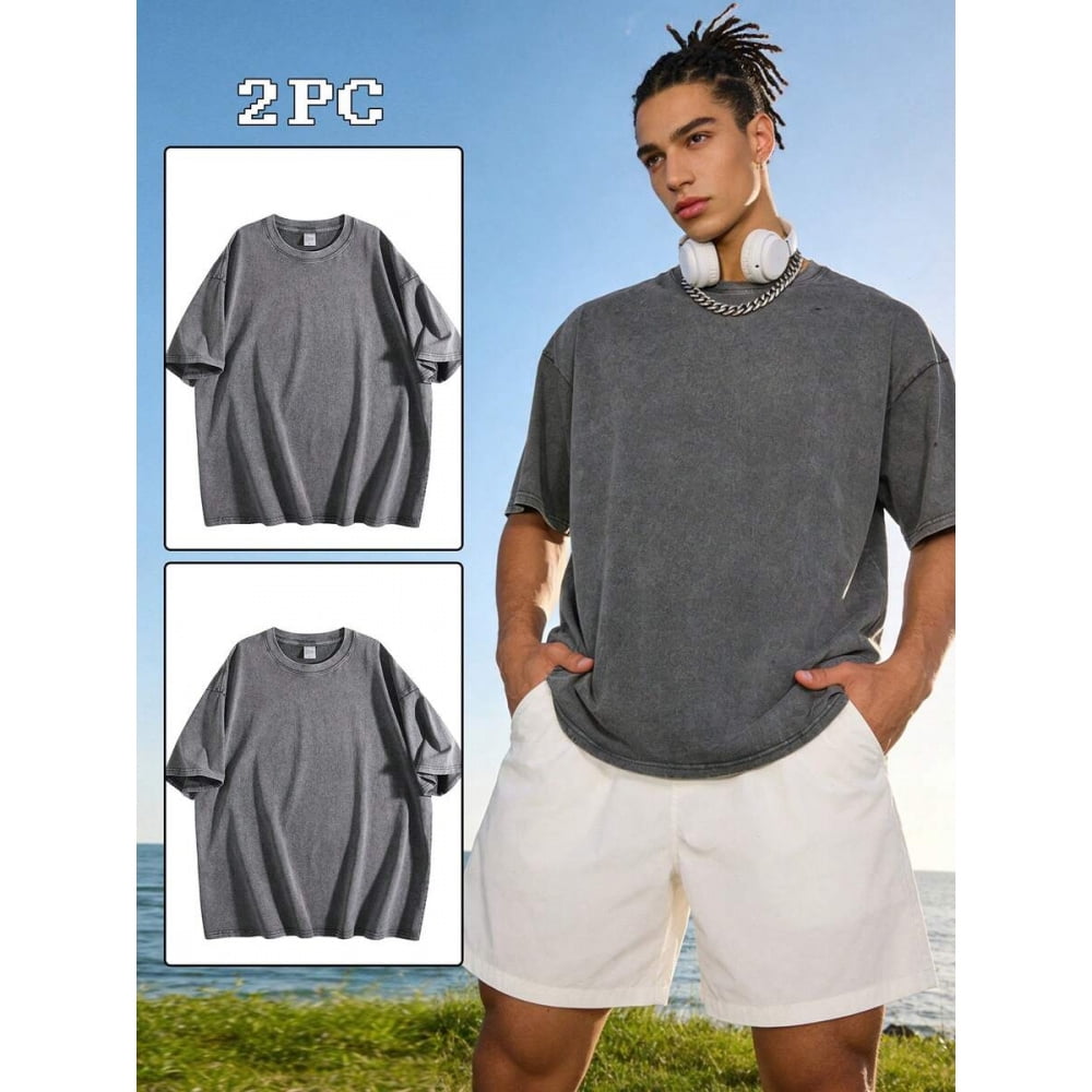 2PCS Men Gray + Gray Vintage Washed Crew Neck T-Shirts | Oversized 100% ...