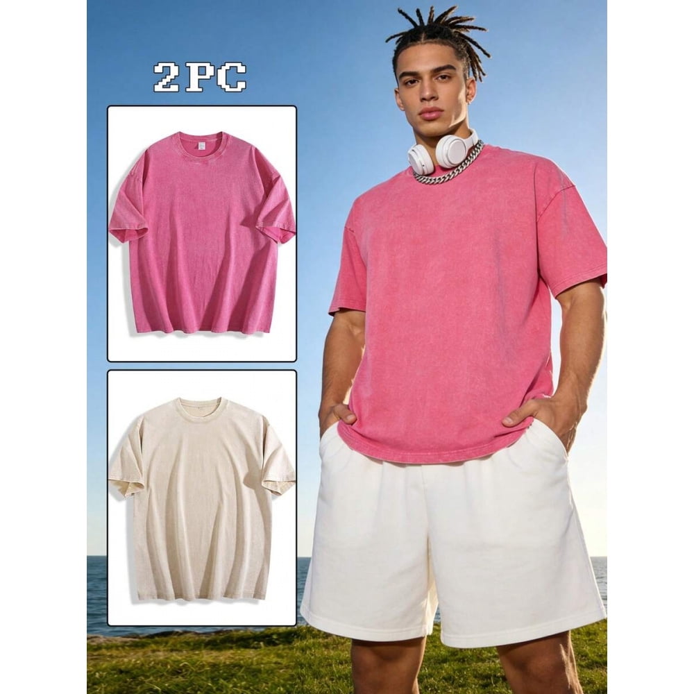 2PCS Men Red + Apricot Vintage Washed Crew Neck T-Shirts | Oversized ...