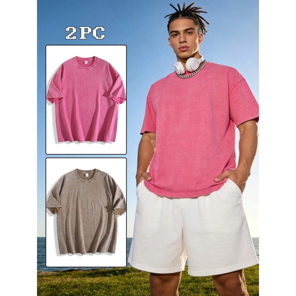 2PCS Men Red and Brown Solid T-Shirts | Vintage Washed Crew Neck ...