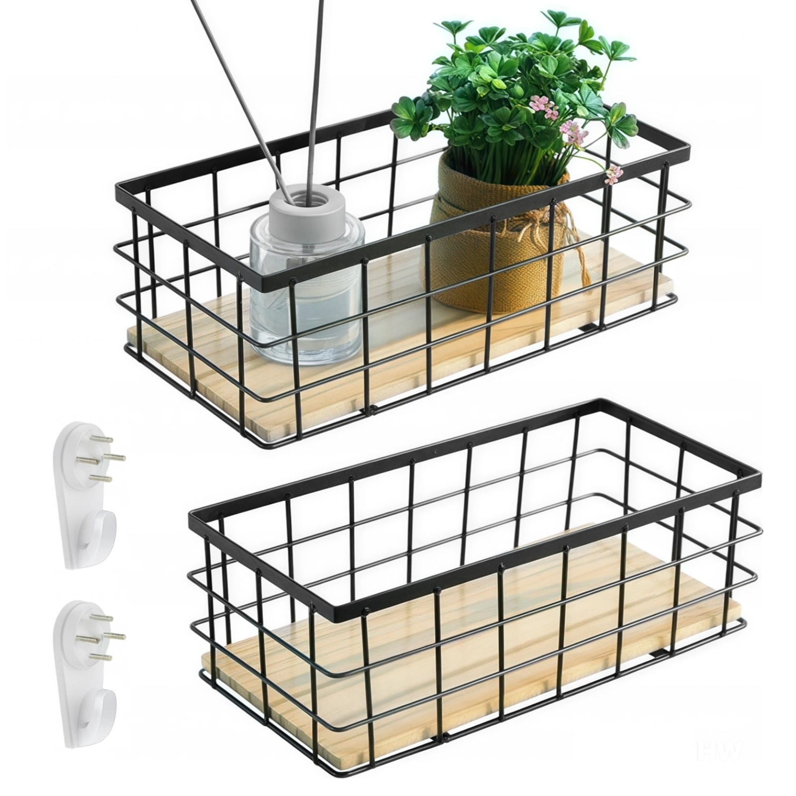 2 Pack Hanging Wire Storage Baskets with Wood Base, Wall Mount Metal ...