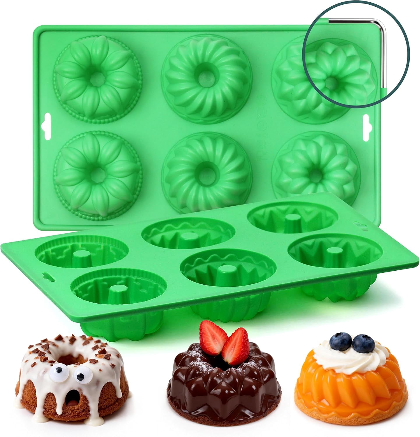2PCS Mini Bundt Cake Pan - 6-Cavity Silicone Baking Mold with Metal ...