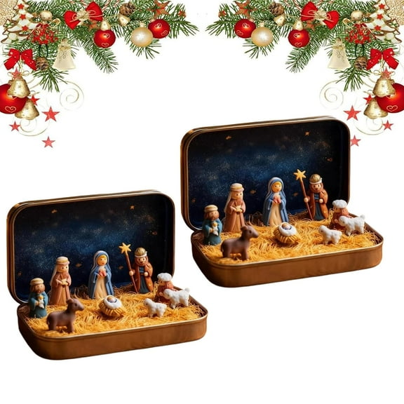 Mini Christmas Nativity Set in Tin Box - Holy Family Figurines for ...