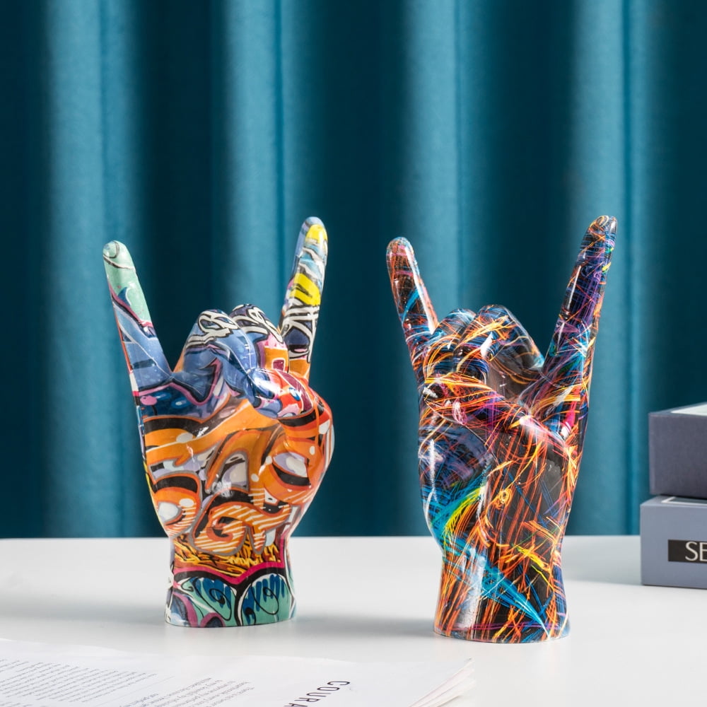 2PCS Modern Graffiti Art Hand Sculptures, Rock Sign Peace Gesture ...
