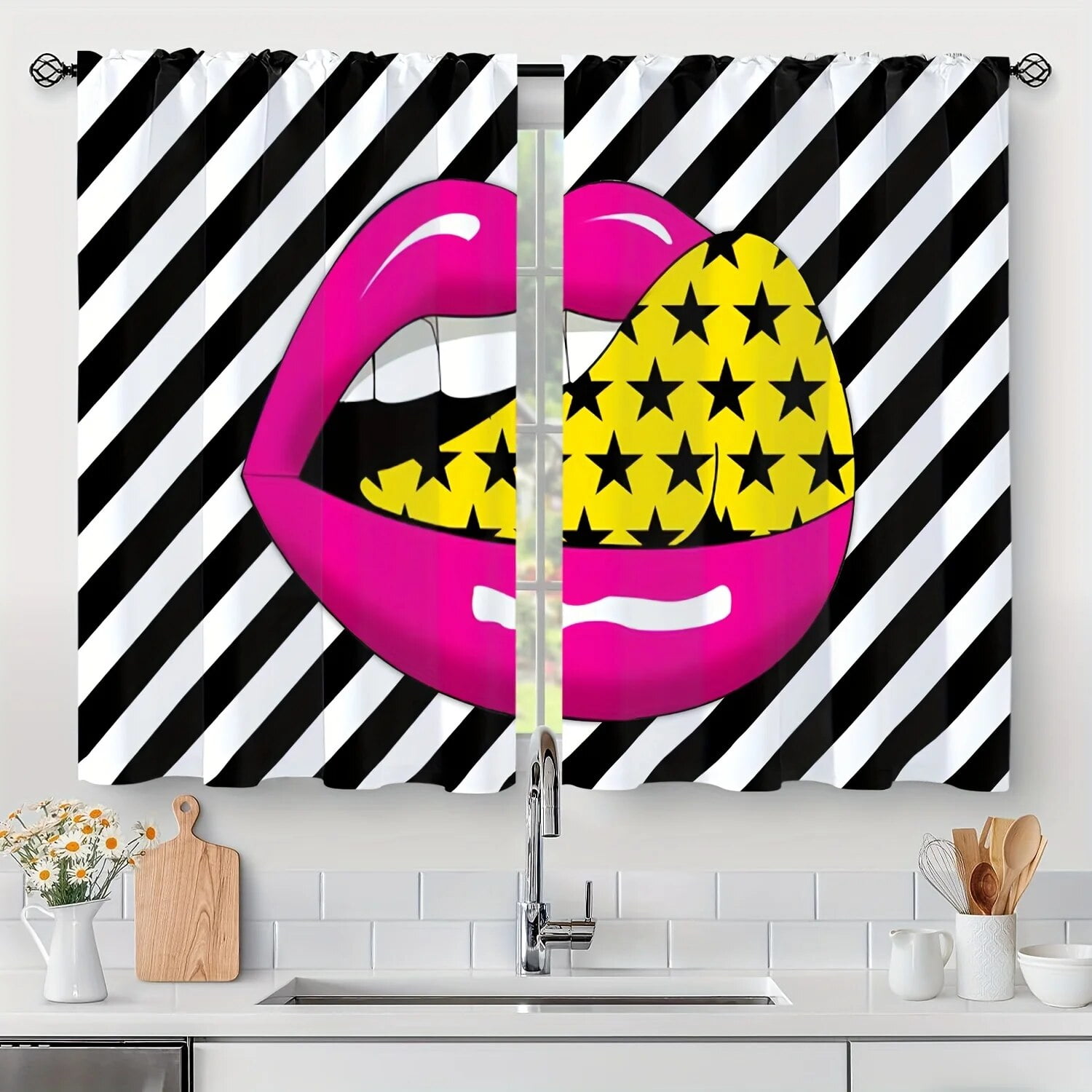 2PCS Modern Style Abstract Red Lip Curtain Rod Pocket Fashion Zebra ...