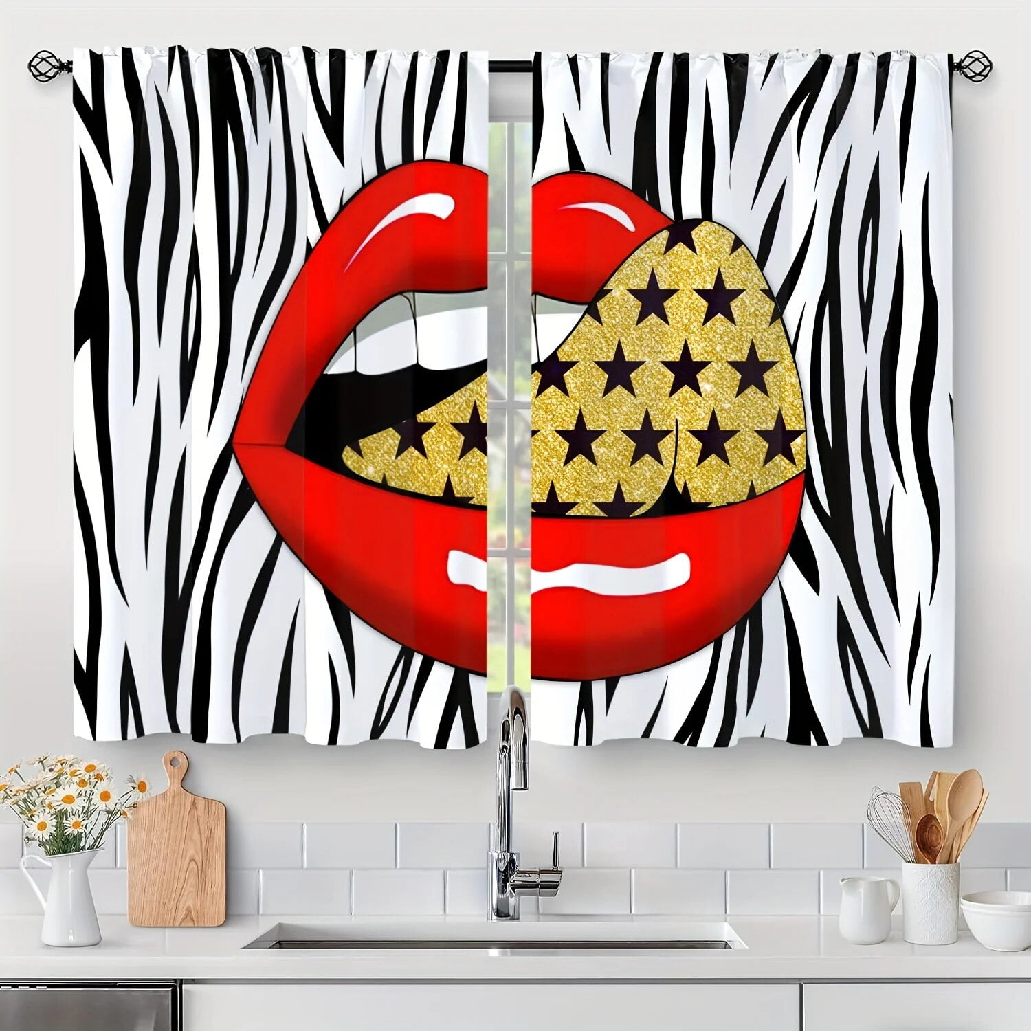 2PCS Modern Style Abstract Red Lip Curtain Rod Pocket Fashion Zebra ...