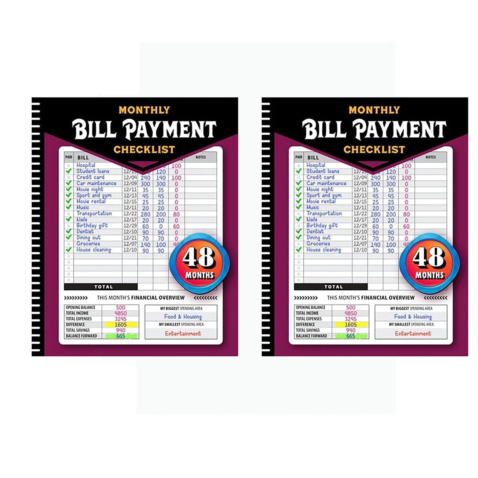 2PCS Monthly Bill Payment Checklist Bill Notebook The 4 Year For ...