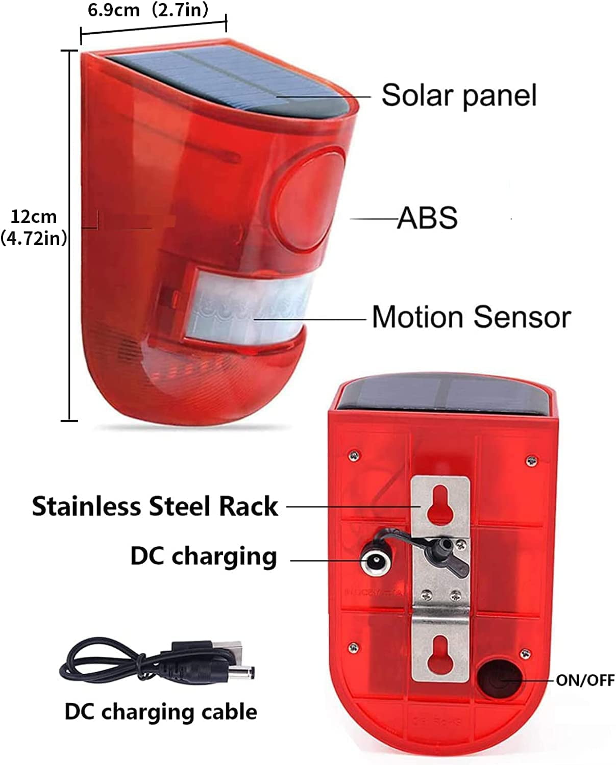 2PCS Motion Sensor Alarm Outdoor，Solar Motion Sound Alarm 6LEDs Strobe ...