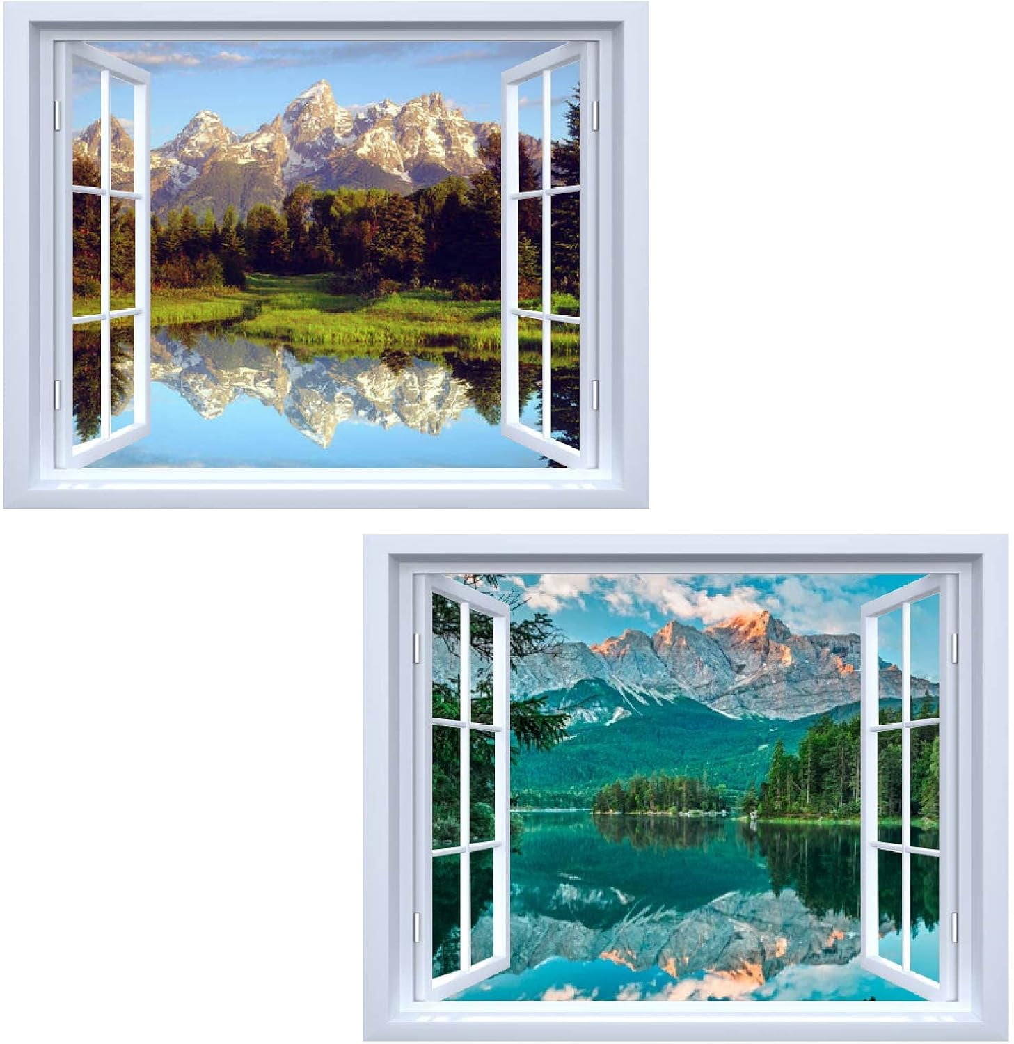 2PCS Natural Landscape Window Scene Wall Decal 3D Forest Lake Creative ...