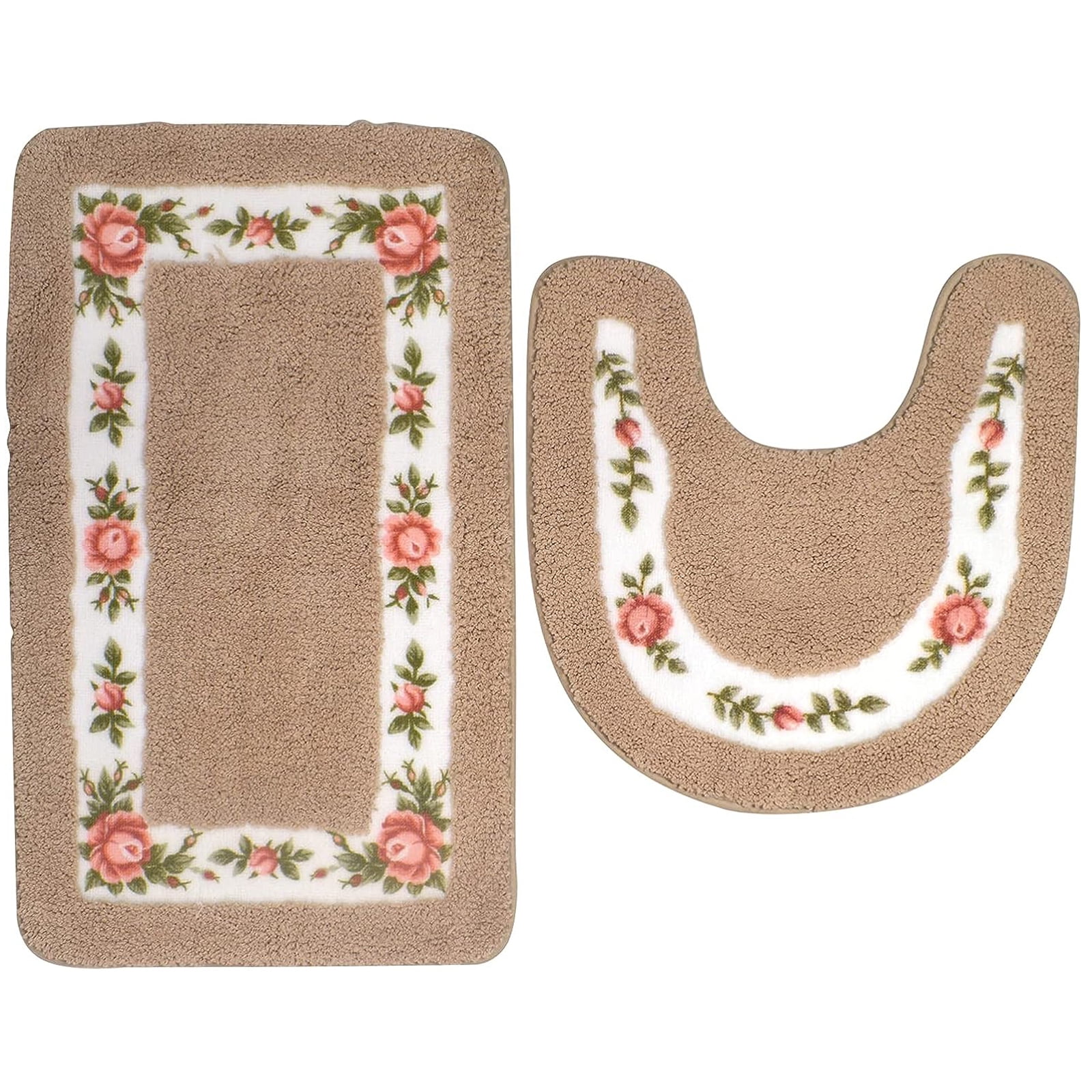 2PCS Non-Skid Floral Rose Bathroom Contour Rugs Set - Camel - Walmart.com