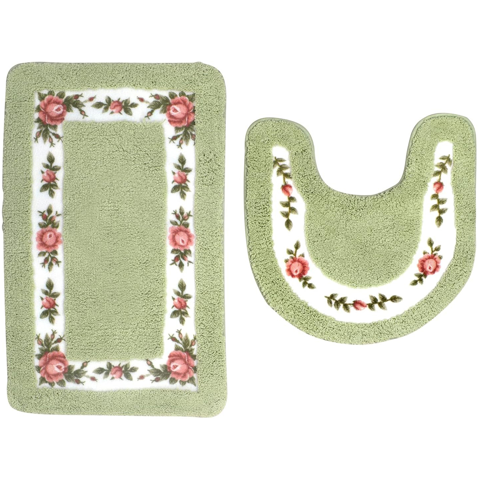 2PCS Non-Skid Floral Rose Bathroom Contour Rugs Set - Green - Walmart.com