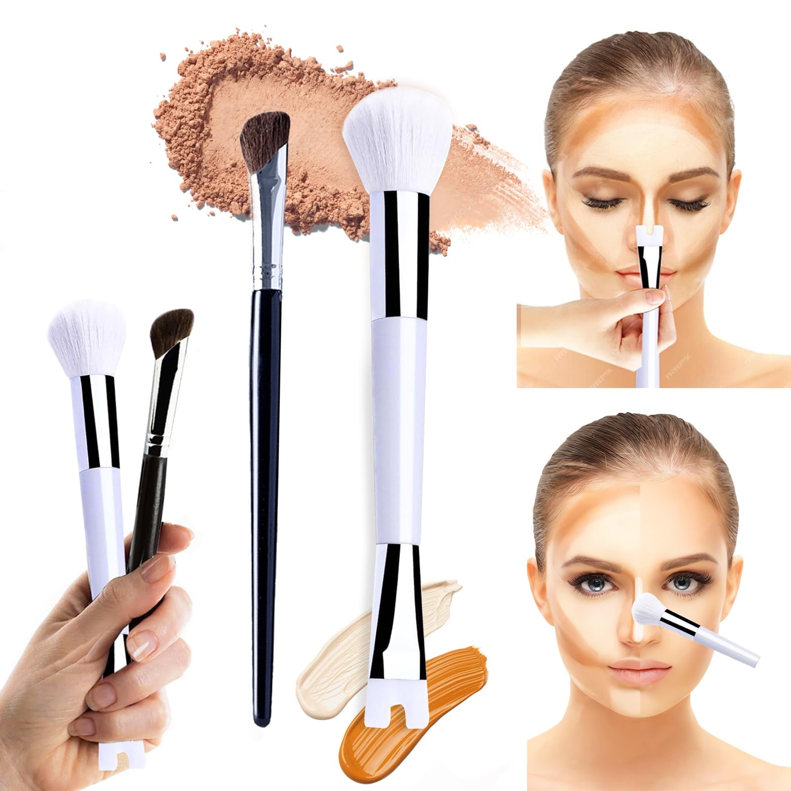 2PCS Nose Contour Brush Set, 2-In-1 U-Shaped Brush & Fluffy Brush for Nose Sculpting and ...