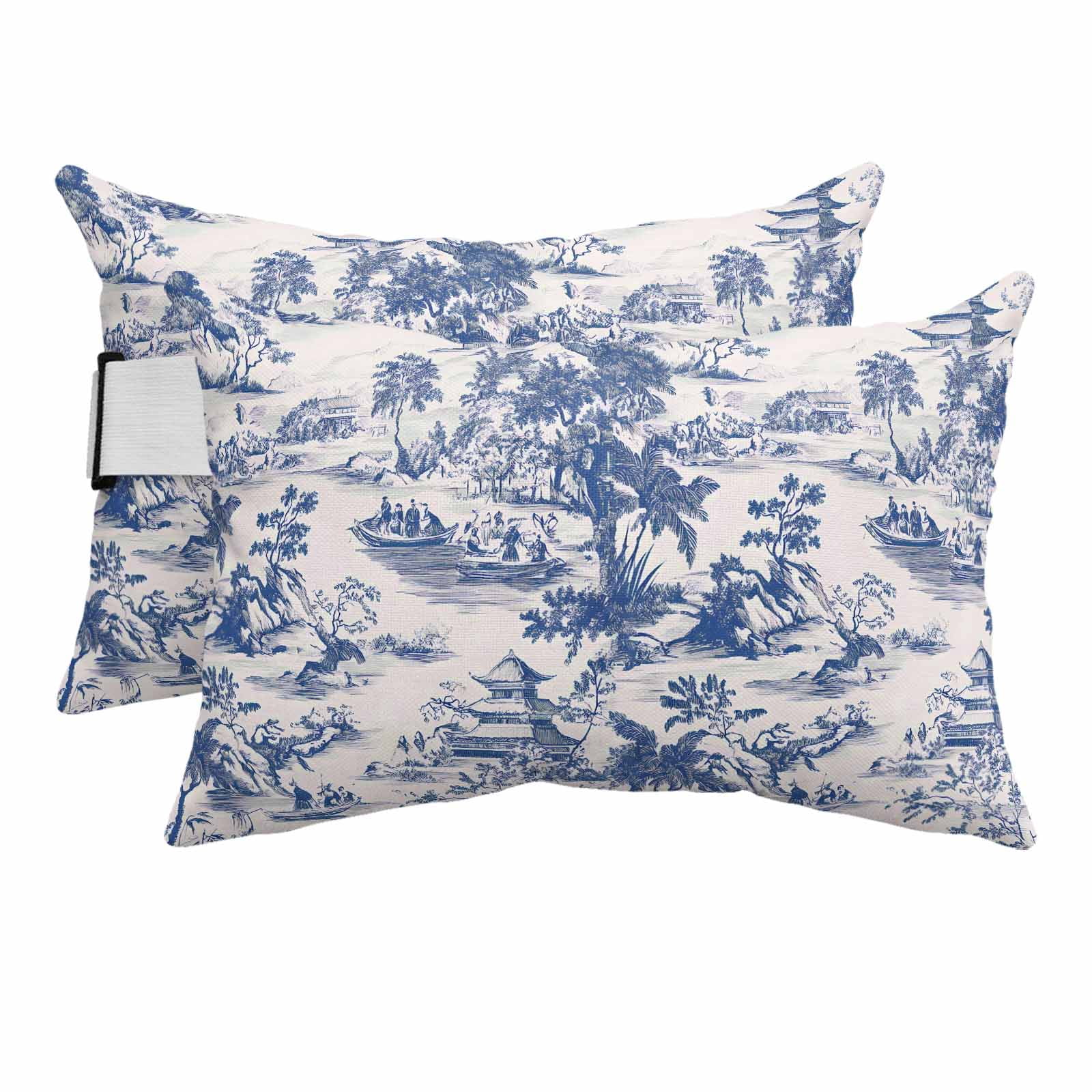 2PCS Outdoor Pillow for Chaise Lounge Chair Blue Chinoiserie Garden ...