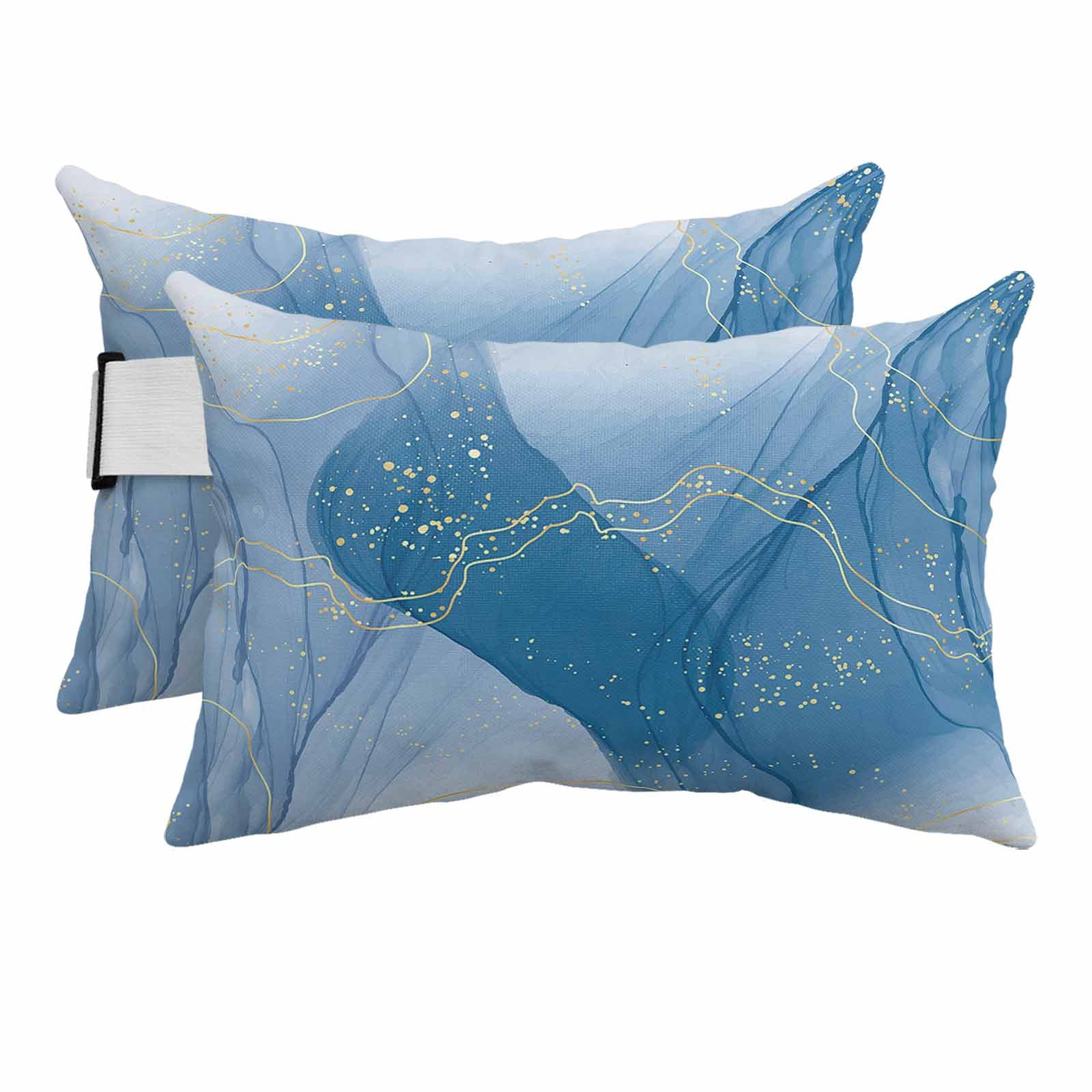 2PCS Outdoor Pillow for Chaise Lounge Chair Blue Marble Abstract Gold ...